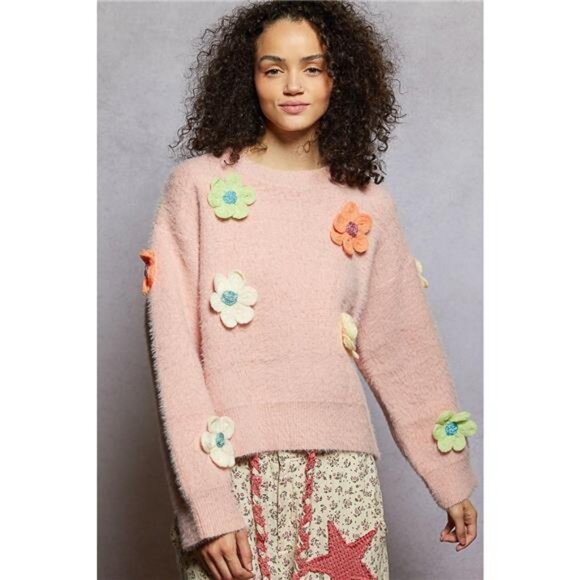 POL | Sweaters | Pol Round Neck Long Sleeve Sweater With 3d Floral ...